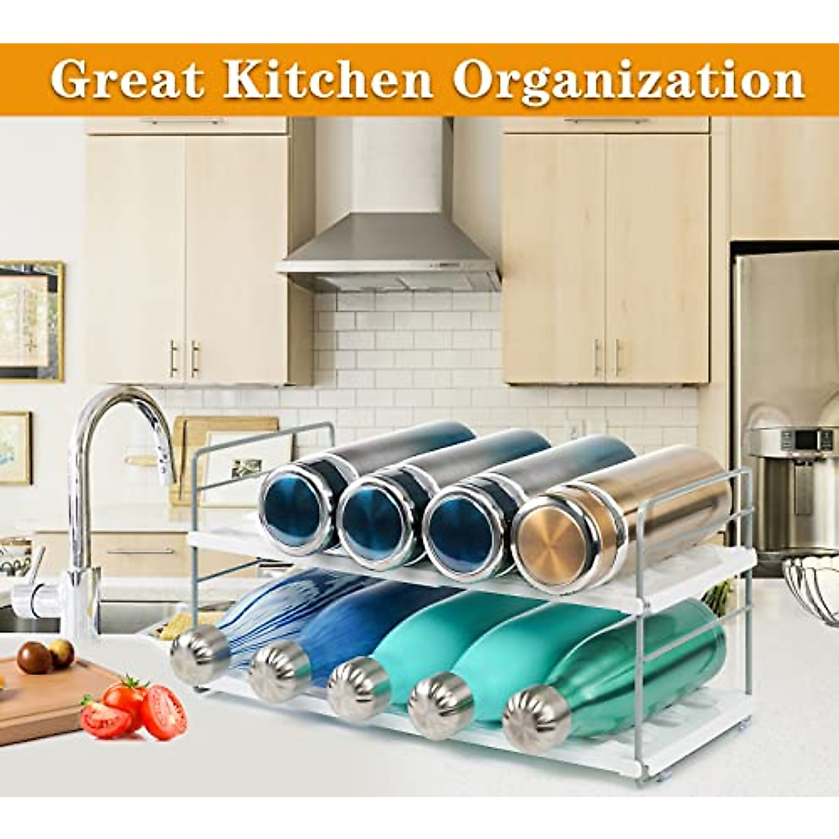 Water Bottle Organizer For Cabinet, Expandable Water Bottle Holder Rack, Adjustable Tumbler Storage For Kitchen Organization, 2 Tier Cup Organizer For Sports Flask Insulated Travel Mug Fridge, White