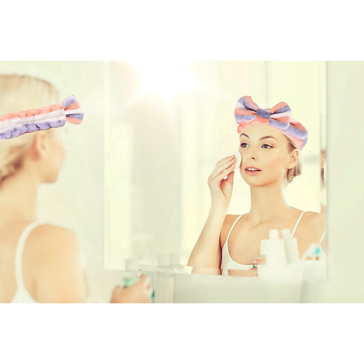 Spa Headband, Bow Makeup Headband for Washing Face, High Elasticity Bowknot Coral Fleece Skincare Headbands for Women Girls (Purple Orange White Stripes)