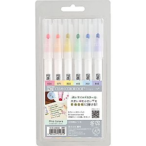 Kuretake Zig Clean Color Dot Pens Water Based Marker Single, 6 Mild Colors Set (TCSD-6100/6V)