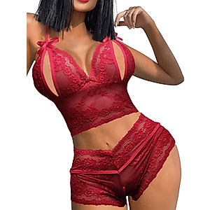 SweatyRocks Women's 2 Piece Lingerie Set Sheer Lace Cut Out Bra and Panty Teddy Lingerie Burgundy M