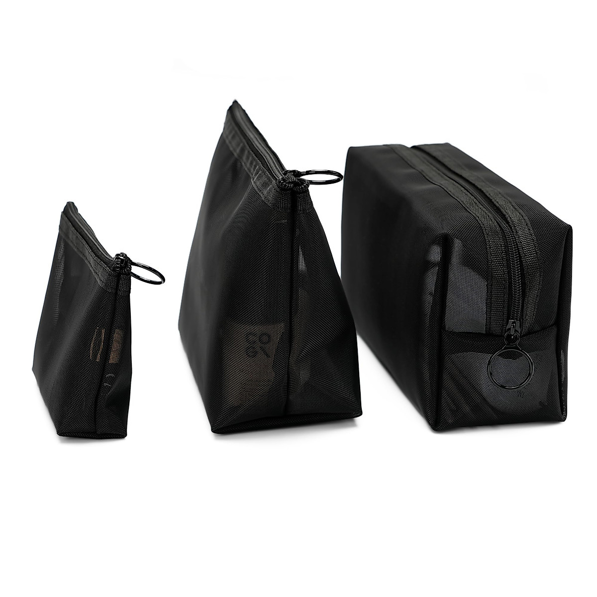 TOPASION Portable Mesh Makeup Bag with Zipper Small Travel Toiletry Bag Lightweight Cosmetic Pouch (Black 3 Piece Set)