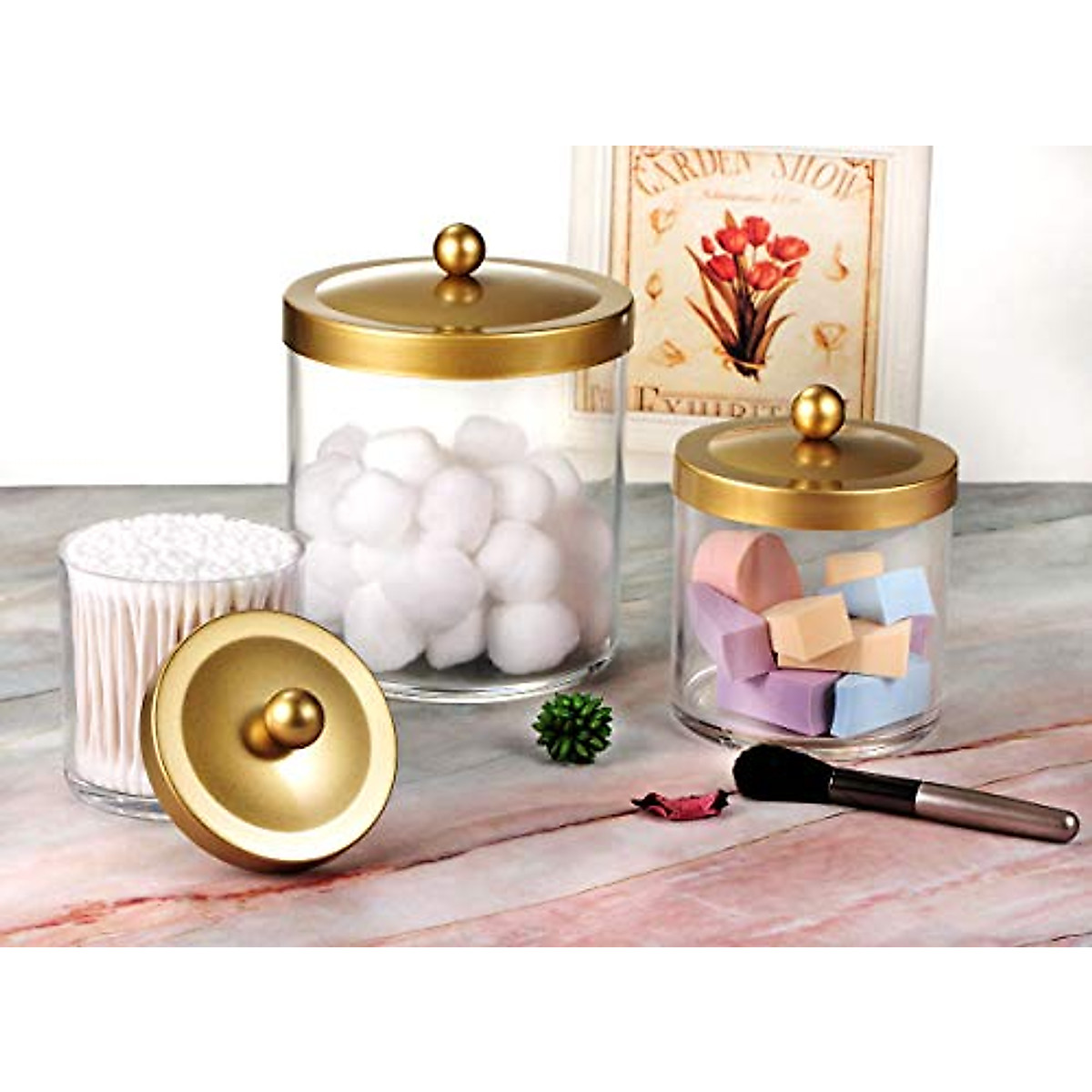 Premium Quality Apothecary Jars - Clear Plastic Storage Jars with Rust Proof Stainless Steel Lids - Bathroom Vanity Countertop Storage Organizer Canister Holder House Decor | Set of 3 (Gold)