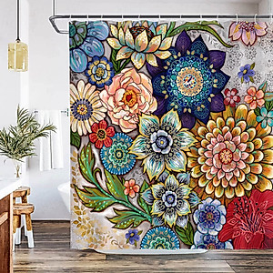 Neasow Boho Floral Shower Curtains for Bathroom, Bright Fabric Blossom Shower Curtain with 12 Hooks, Multi Color 72"×72"