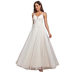 Ever-Pretty Women's Ruched Tulle Embroidered Lace Long Summer Evening Party Dresses for Wedding White US16