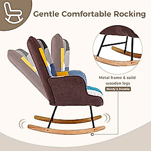 Unovivy Rocking Chair Nursery, Upholstered Nursing Armchair with Wooden Base, Baby Glider Rocker with Backrest, Small Gliding Seat for Bedroom, Living Room, Office, 30 Inches Depth, Patchwork Blue