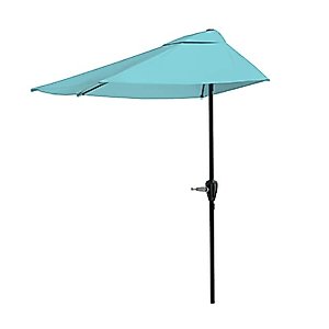 9-Foot Half Patio Umbrella – Easy Crank Semicircle Opening Shade Canopy – For Against a Wall, Porch, or Balcony Furniture by Pure Garden (Blue)