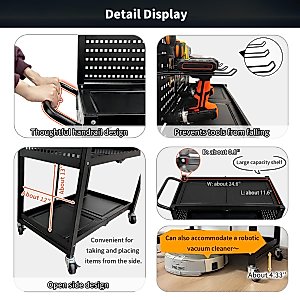 Lumizone 3-Tier Foldable Rolling Tool Cart with Wheels, Utility Cart with Pegboard for Garage Organizer and Tool Storage, Power Tool Storage Cart on Wheels (Tool Cart)