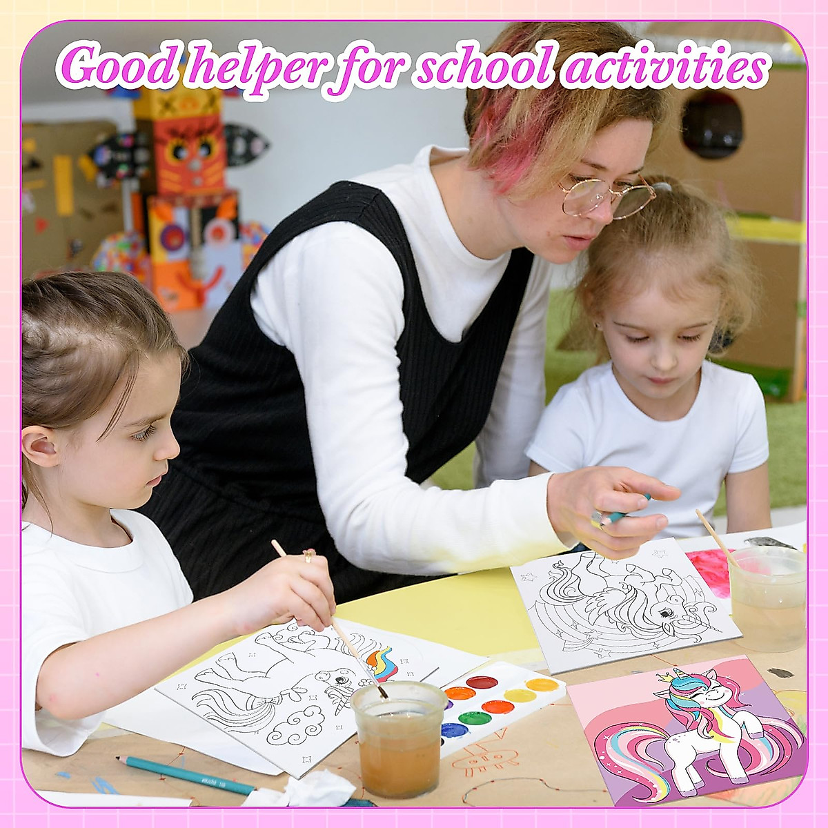 Sherr 12 Pcs Pre Printed Canvas Cute Canvas Painting Set for Kids Printed Canvas to Paint Canvas Set Theme Canvas Painting for Party Favor(8 x 8 Inch, Unicorn)