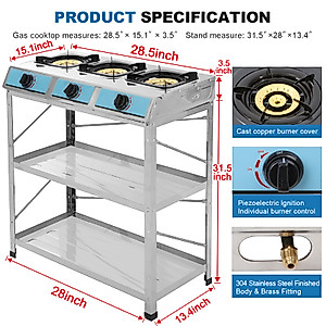 Propane Gas Stove 3 Burner Gas Stove with Removable Leg Stand Portable Gas Stove Auto Ignition Camping three Burner LPG for RV, Apartment, Outdoor