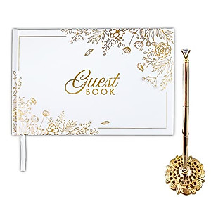 B&F Guest Book for Wedding, Guest Book Wedding Reception with Gold Diamond Crystal Pen with Holder, 9" x 6" White Polaroid Guest Book with 60 Sheets (120 Pages)