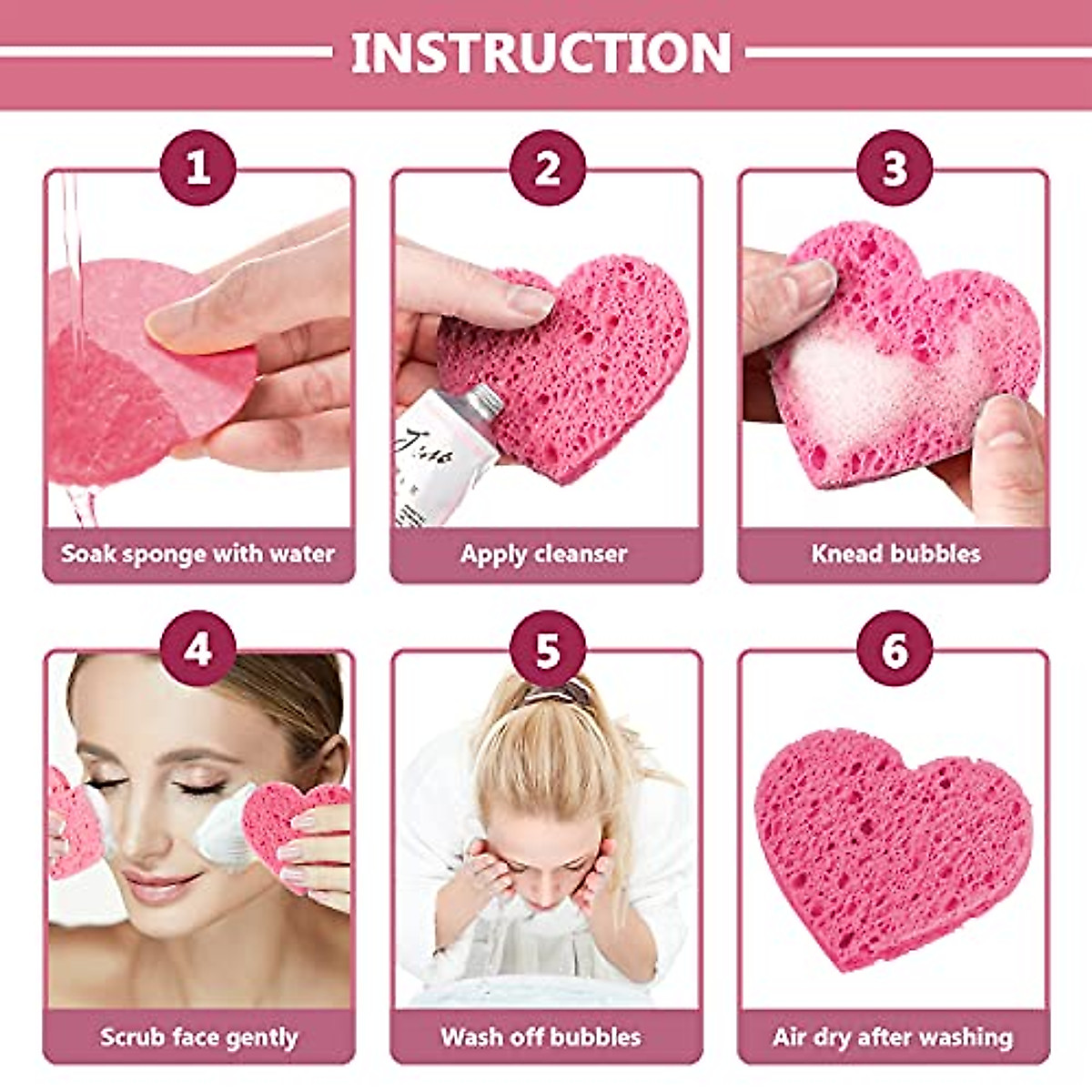 Nuenen 60 Pieces Facial Sponges with Container, Heart Shape Compressed Face Sponges Natural Cleaning Pads for Washing Face Cleaning Exfoliating Esthetician Makeup Removal(Pink)