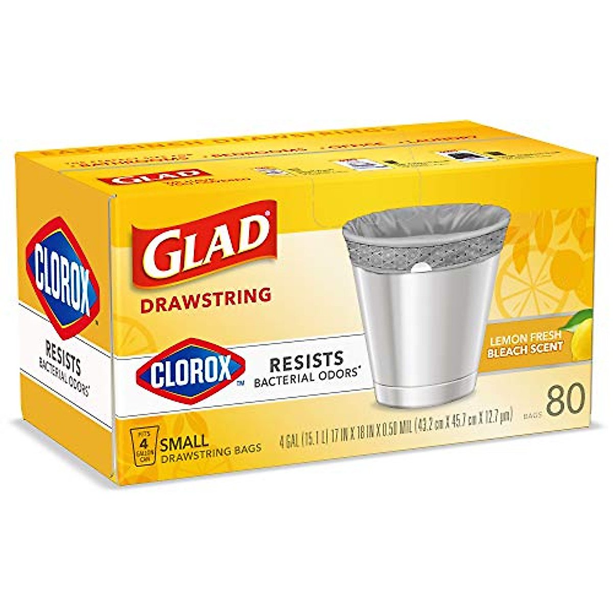 GLAD Small Kitchen Trash Bags, - 4 Gallon Trash Bag for Kitchen, Lemon Fresh Bleach Scent, Odor Eliminator, Leak Protection, 80 Count