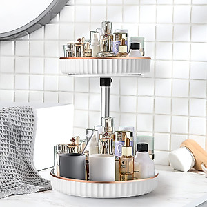 Ceuku Lazy Susan Organizer 2 Tier Turntable Organizer Height Adjustable Rotating Spice Rack for Cabinet, Pantry, Kitchen, Cosmetic Table Non-Skid 12in White