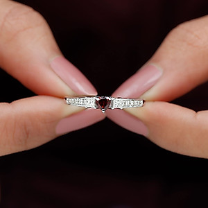 Rosec Jewels 0.75 Cttw Heart Garnet Anniversary Ring with Diamond for Women (AAA Quality), 14K White Gold, Size:US 9.00