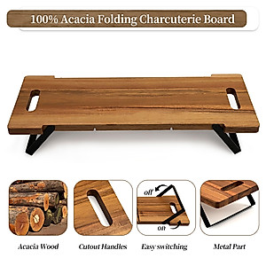 Hanobe Charcuterie Cheese Board Large: Long Acacia Serving Wooden Riser with Handles Folding Appetizer Boards Raised Wood Plank for Parties Buffet Food Display and Farmhouse Counter Decor