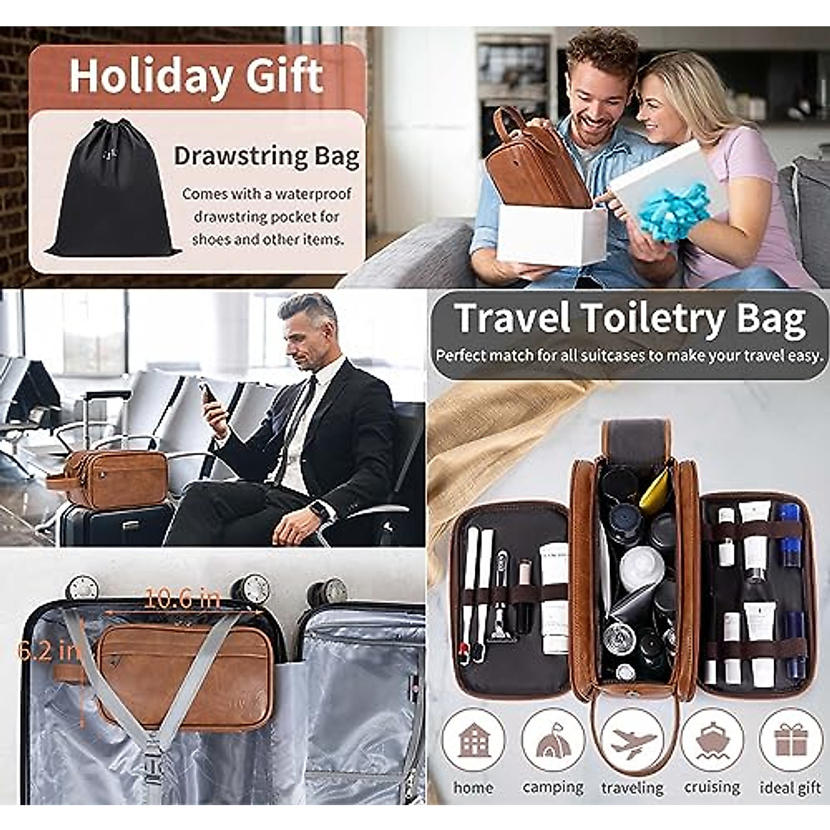 JIELV Travel Toiletry Bag for Men, Large Toiletry Bag Mens Travel Bag Toiletries Organizer for Grooming, Skincare, and Personal Care on the Go (PU-Leather-Waterproof, Brown)