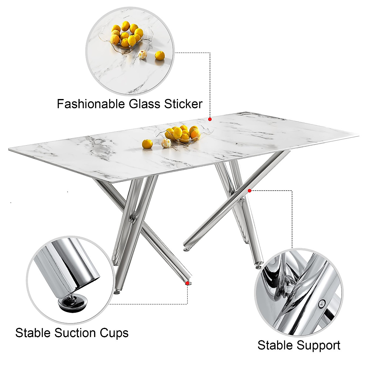 WOXYX Modern Large Simple Rectangular Glass Dining Table for 6-8 People with 0.39-inch White Imitation Marble Desktop and Silver Metal Legs, Black