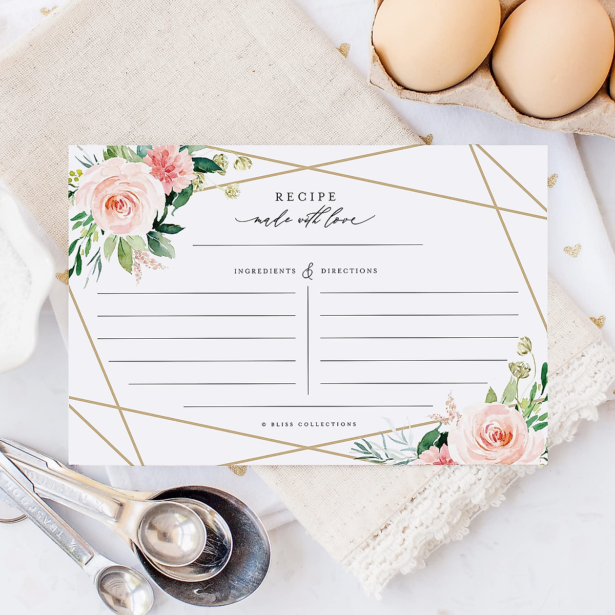 Bliss Collections Recipe Cards, Pack of 50 Double-Sided Geo Floral 4 x 6 Cards for Family Recipes, Wedding Showers, Bridal Showers, Baby Showers, Housewarming Gifts, Celebrations, Made in the USA
