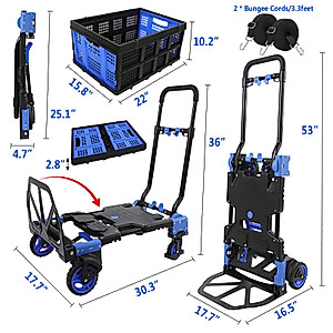 Folding Hand Truck and Dolly Cart Heavy Duty 330lb Load Carrying Portable 2 in 1 Convertible Hand Truck with 4 Rubber Wheels 2 Bungee Cords for Traveling,Office Use,Travel (Hand Truck with Basket)
