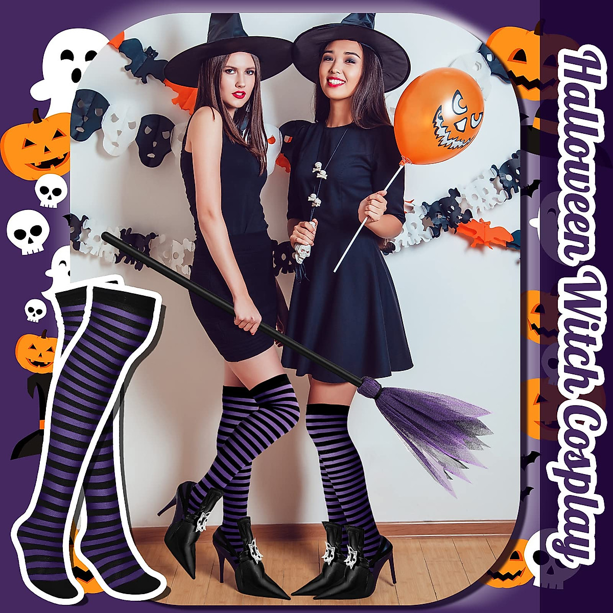 Vicenpal 3 Pcs Halloween Witch Accessories Black Witch Shoe Covers Socks Broomstick Witch Broom for Halloween Cosplay Costume (Purple)