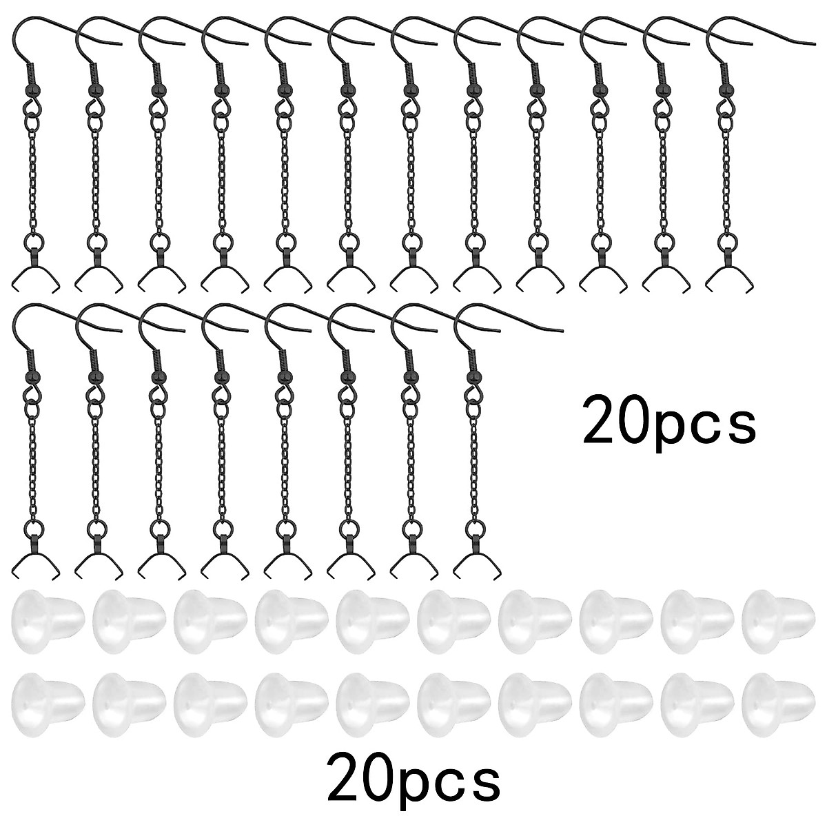 20pcs Stainless Steel French Earring Hooks Hypoallergenic Earring Fish Hooks with Beaded Chains Pinch Bail Clasps and 20pcs Clear Earring Backs for DIY Crafts Jewelry Making, Black