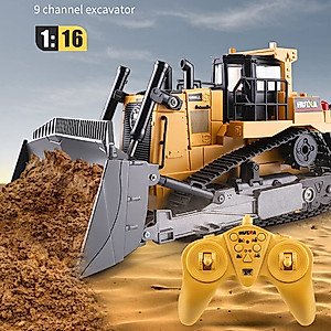 QIYHBVR Remote Control Bulldozer RC 1/16 Full Functional Construction Vehicle, 2.4Ghz 9 Channel Dozer Front Loader Toy with Light and Sound for Kids Age 6, 7, 8, 9, 10 and Up Years Old