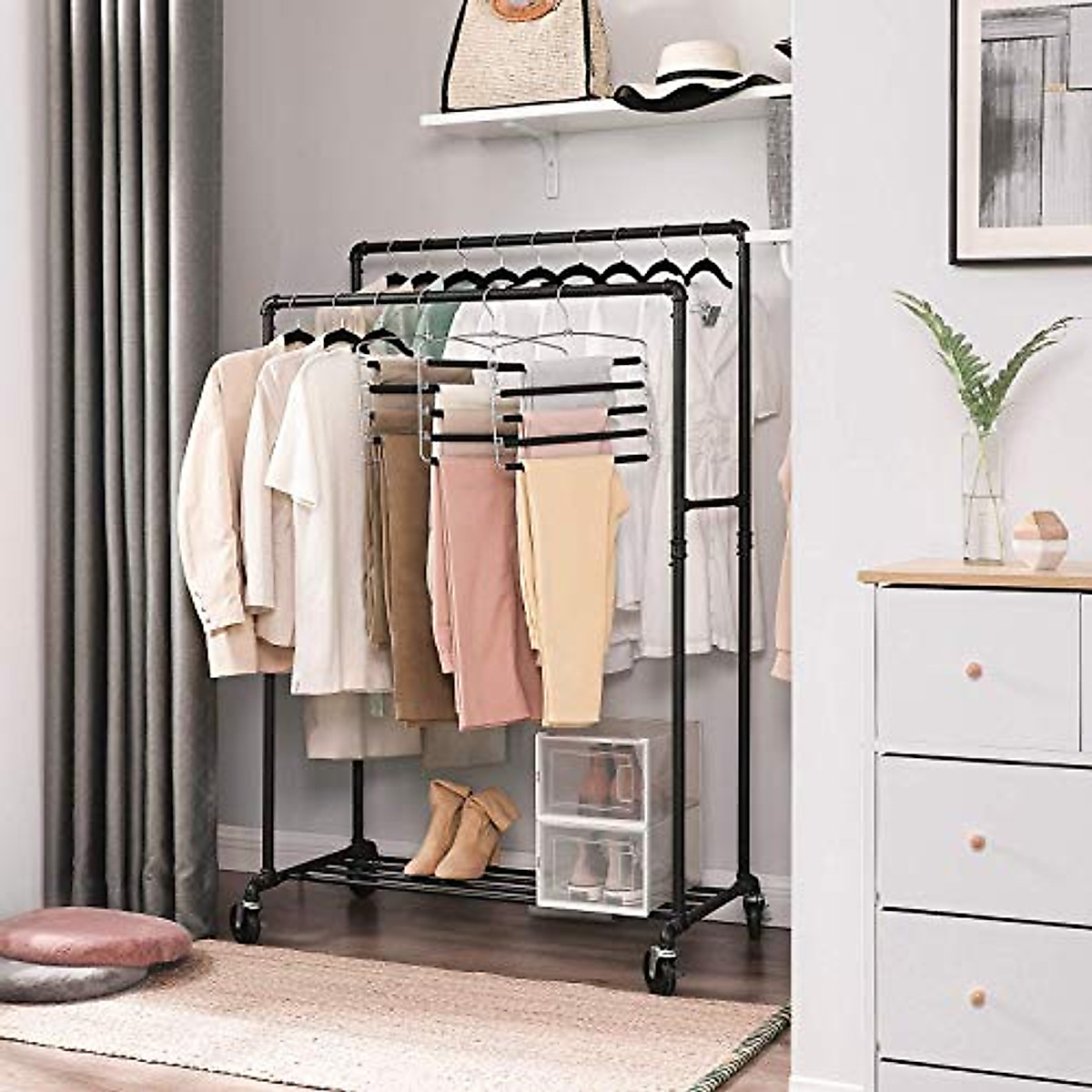 SONGMICS Double-Rail Clothes Rack Bundle with 3-Pack 5-Bar Pants Hangers, Industrial Pipe Design Garment Rack on Wheels, Space-Saving Trousers Hangers with Swing Arms, Black UHSR60B and UCRI041BK