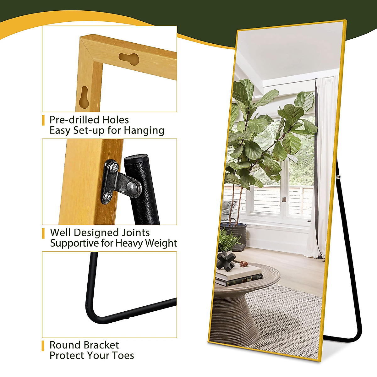 NicBex Full Length Mirror, 60" x 20" Wall Mirror Full Length Wall Mounted Mirror Aluminum Alloy Frame Dressing Mirror for Bedroom/Living Room/Dorm Room Floor Mirror with Stand,Gold