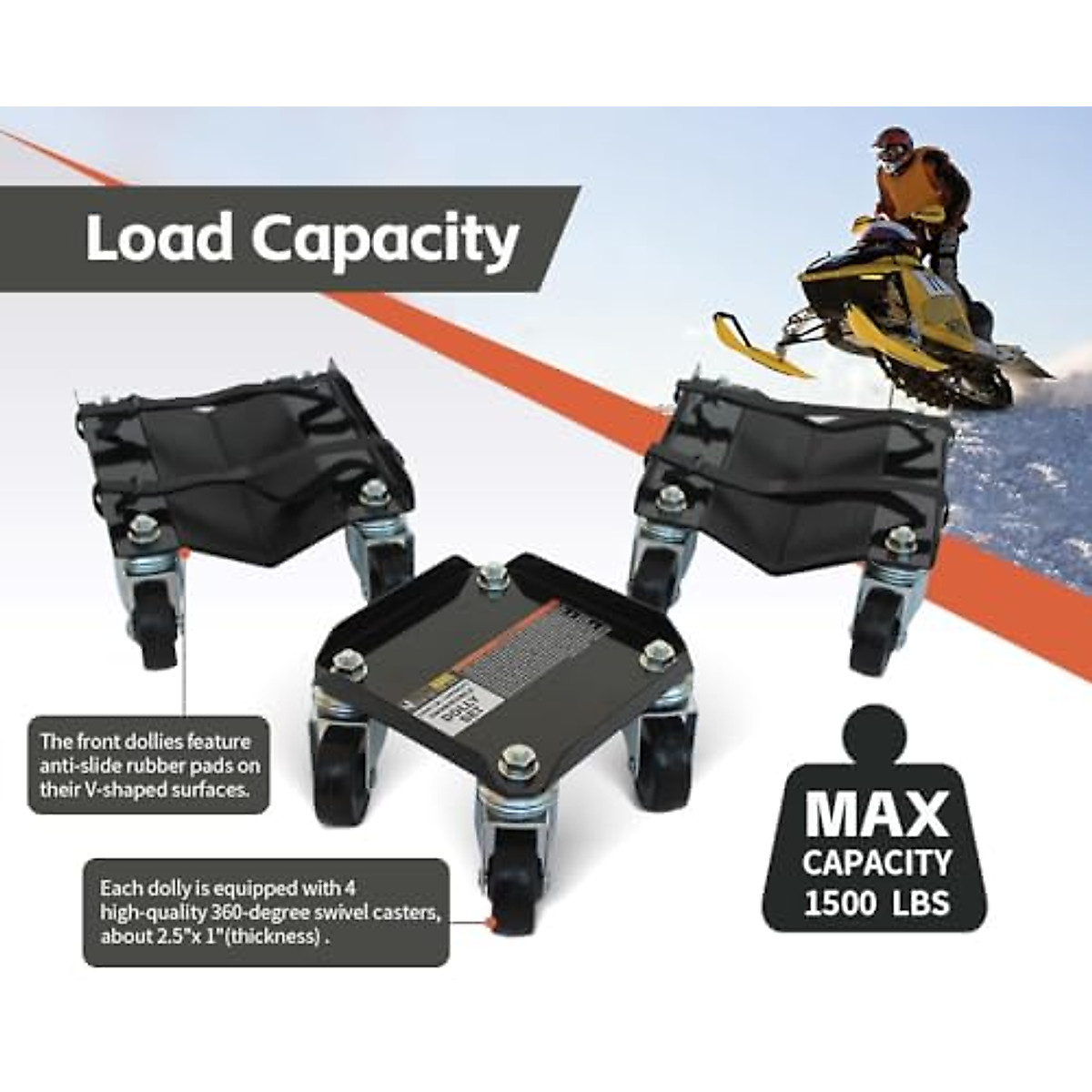 MaxxHaul 50906 Snowmobile Moving Dolly Set, 1500lbs Load Capacity V-Slide Anti-Slip Rubber Pads Straps Firmly Attaching on Skis