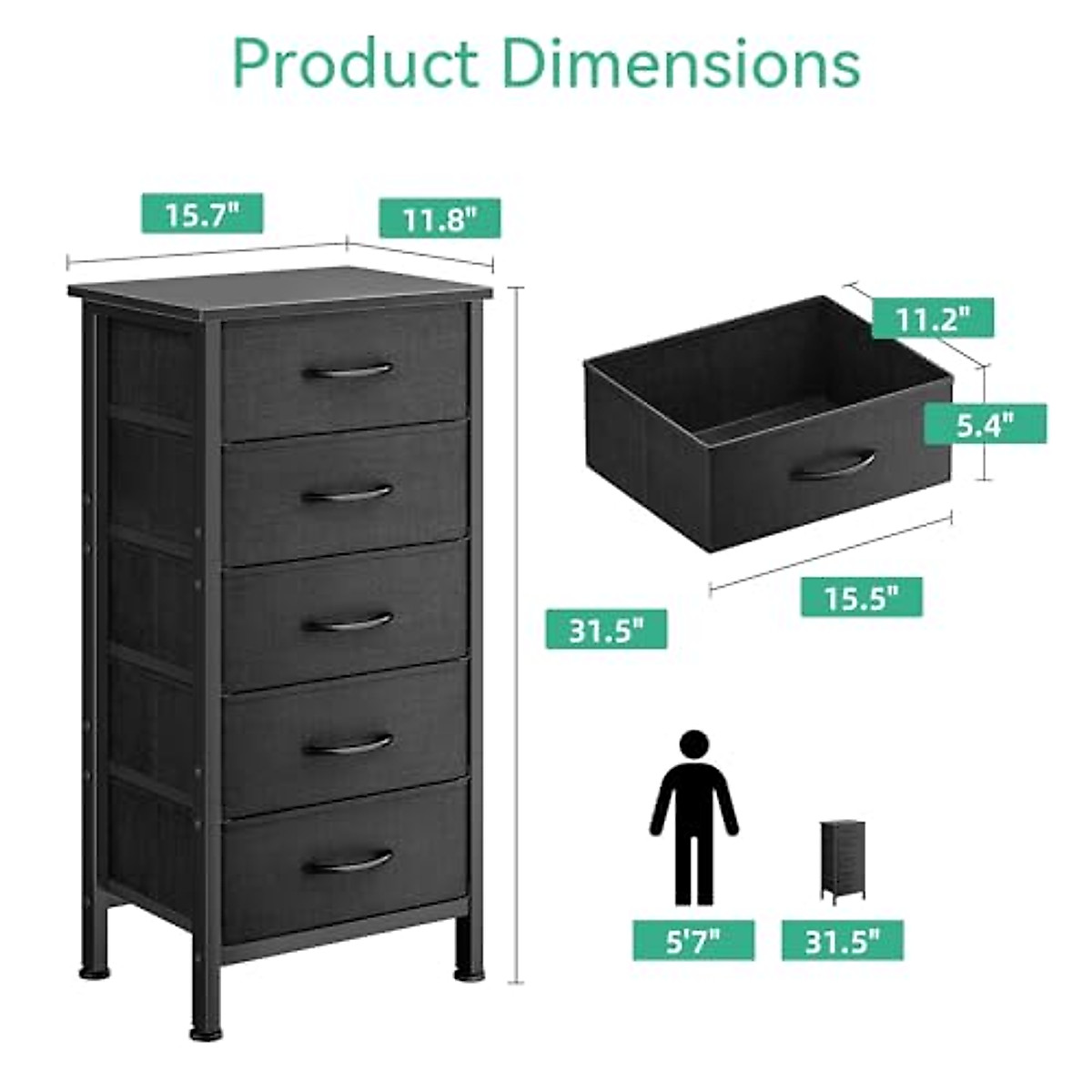 AODK Dresser for Bedroom with 5 Storage Drawers, 31" Small Dresser Chest of Drawers Fabric Dresser with Sturdy Steel Frame, Black
