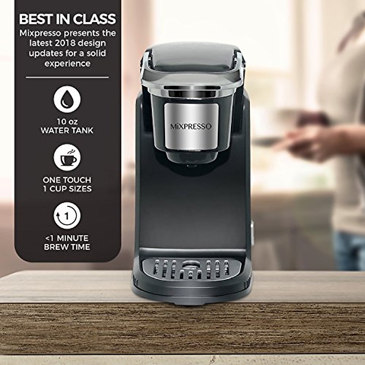 Mixpresso Single Cup Coffee Maker | Personal, Single Serve Coffee Brewer Machine, Compatible with Single-Cups | Quick Brew Technology, Programmable Features, One Touch Function (Black)