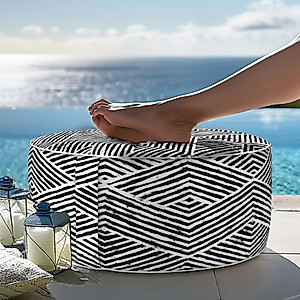 Codi Outdoor Pouf Ottoman, Inflatable Ottomans for Patio, Porch and Beach, Water Repellent Round Foot Rest with Handle, D21'' x H9'', Black and White