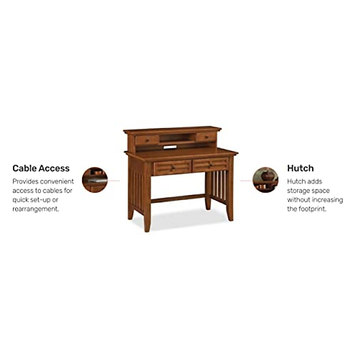 Home Styles Arts and Crafts Cottage Oak Student Desk and Hutch with Cable Access, Two Drawers, and Open Shelf