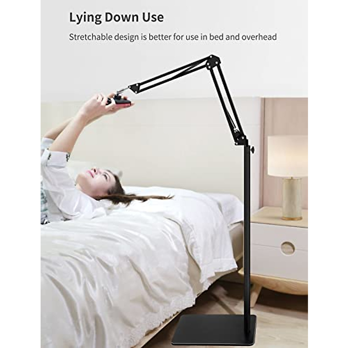 Tablet Floor Stand with Double Weight Base, Overhead Bed Phone Mount Height Adjustable Arm Stretchable Stand Holder, Compatible with iPad Mini Air Pro, Galaxy Tab, Kindle, Switch, Cell Phones-Black