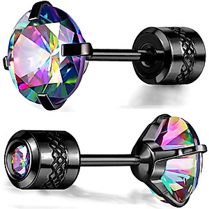 Titanium Round CZ Screw Flat Back Earrings Stud Earrings For Women Men Hypoallergenic for Sensitive Ears