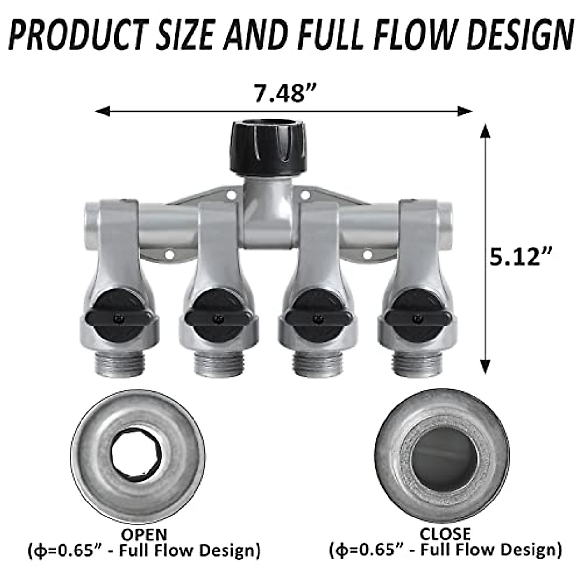 STYDDI Full Flow 4-Way Garden Hose Splitter, Metal High-Flow Four Way Shutoff Garden Hose Splitter, Professional Water Hose Manifold, High Flow Outdoor Spigot 4 Splitter with Cap Type Valve
