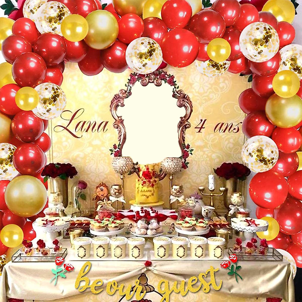 Be Our Guest Party Decoration Banner, Beauty and the Beast Birthday Party Balloon Garland Arch Red and Gold for Bachelorete Party Baby Shower Wedding Engagement Party Housewarming Decorations