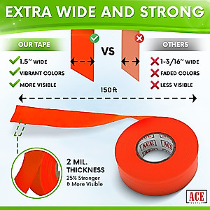 ACE Supply Pink Flagging Tape Survey Tape - Non-Adhesive 12 Pack - 1.5" Width, 150' Length, 2 Mil - Tree Tape for Branches, Surveyors Tape, Flag Tape