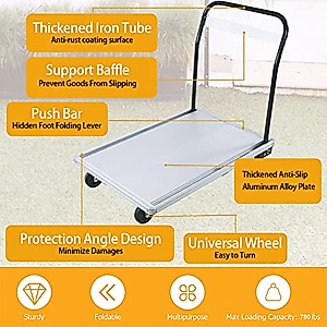 LKFDFIA Platform Truck Cart, Foldable Push Cart 780 Lbs Aluminum Dolly Cart Large Size Heavy Duty Moving Cart for Home,Groceries,Garage,Factories(36.5" L X 24" W)