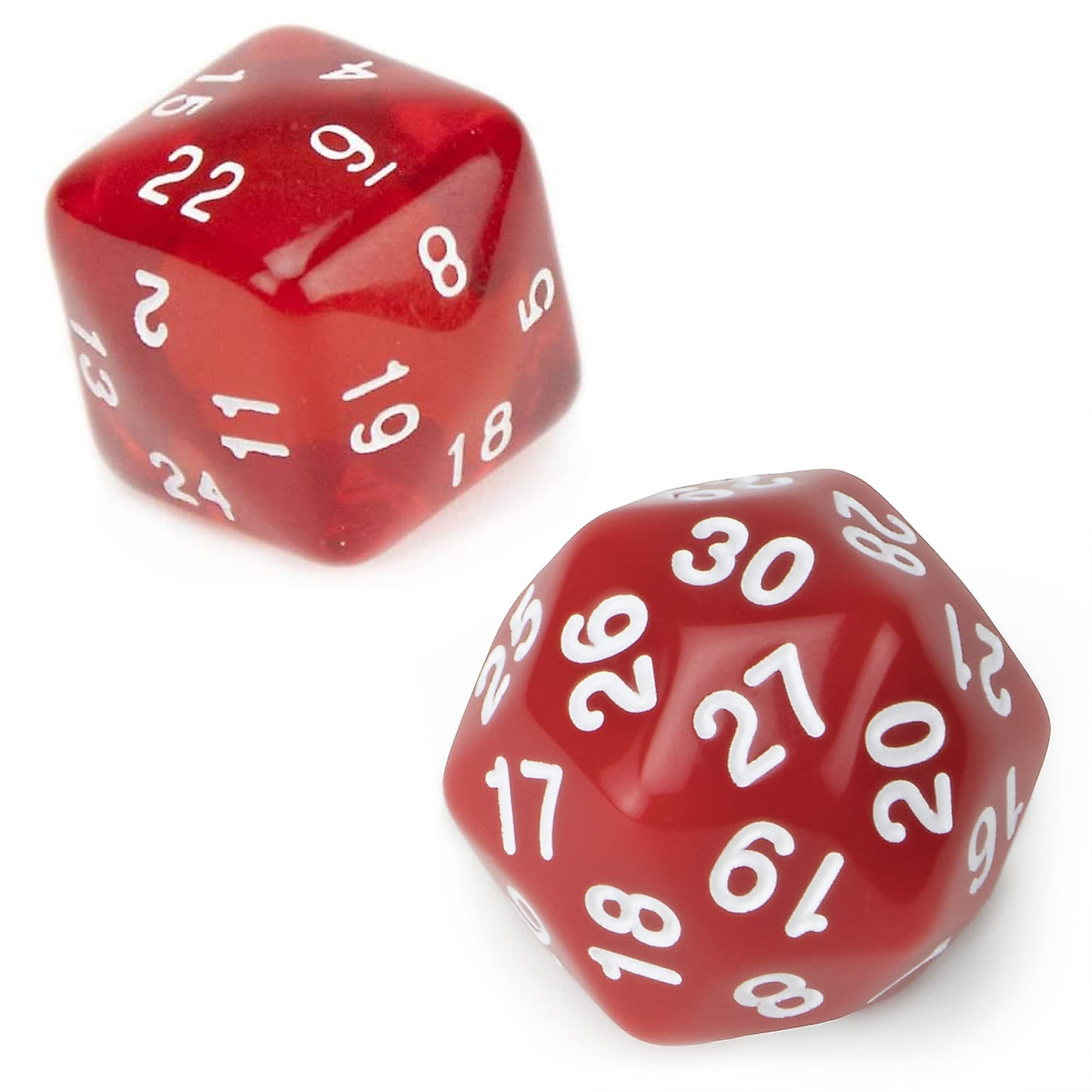 Set of 24 and 30 Sided Polyhedral Dice - Translucent Red D24 and D30 with White Numbers - Pair of Odd Dice - For Determining Dates and Times, RPG Storytelling - Great Addition to Dice Collections