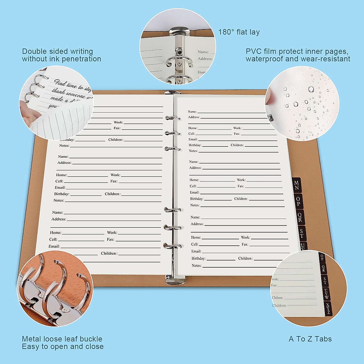 Refillable Address Book with Alphabetical Tabs, w/Pockets, 648 Large Print Telephone Birthday Email PU Leather Hardcover Durable for Women Men Seniors Home Office, 236Pages, A5, Black