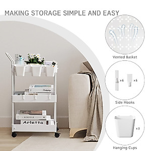 danpinera 3 Tier Rolling Utility Cart with Hooks & Handle Storage Organization Shelves Coffee Bar Cart Service Cart Trolley for Kitchen, Bathroom, Office, Workshop (Dark Blue)