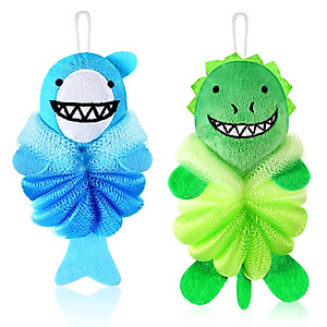 2 Pcs Bath Loofahs Kids Toddler Cute Cartoon Bath Sponges Loofah Bath Pouf Body Scrubber Mesh Loofah Sponges for Children Shower Washing Exfoliating (Animal)
