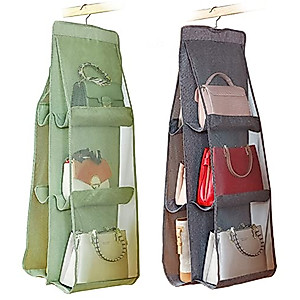AARAINBOW 2 Pcs Hanging Handbag Organizer 6 Pockets Wardrobe Purse Hanger Closet Space Saving Purse Organizers Breathable Handbag Storage Organizer, Washable, 37 L x 13.8W (Gray+Green)