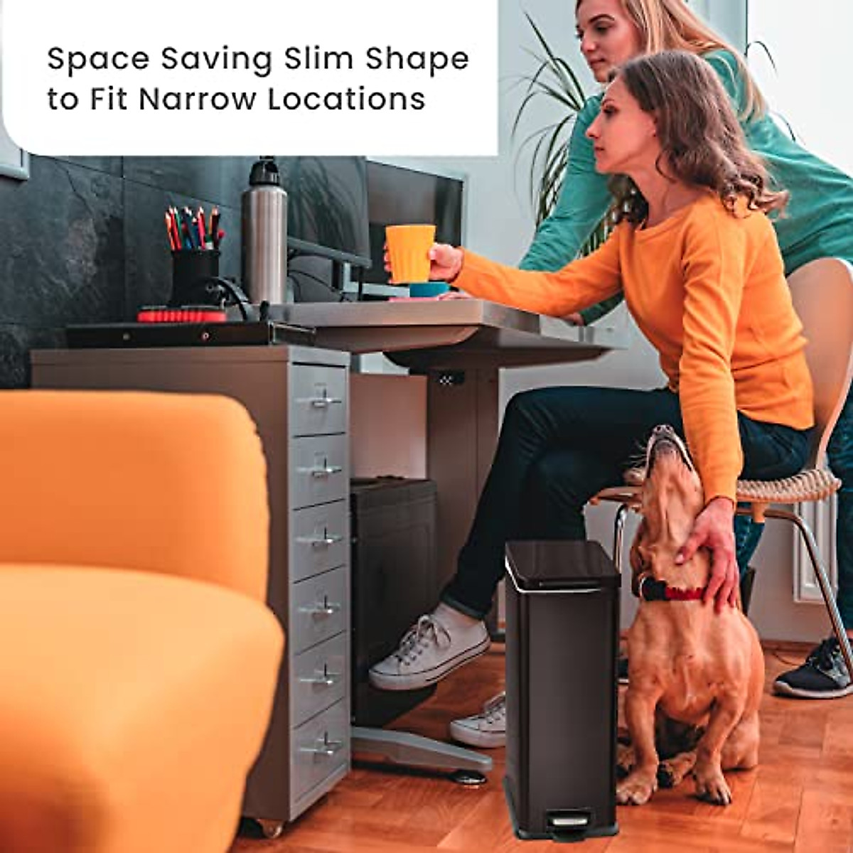 Home Zone Living 12 Gallon and 2.5 Gallon Kitchen Trash Can Combo Value Set, Slim Body Stainless Steel Design, 45 Liter and 9.7 Liter Capacity, Black