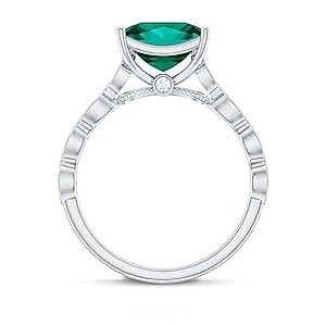 Rosec Jewels Certified Lab Grown Emerald 8mm Princess Cut Engagement Ring, AAAA Quality, Emerald Moissanite Side Stone Ring, 14K White Gold, Size:US 11.00