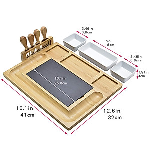 Bamboo cheese board and cheese knife set: large specialty dish board set and cheese platter - unique family warm keeping gift, new home, wedding anniversary and wedding gift, bride shower gift