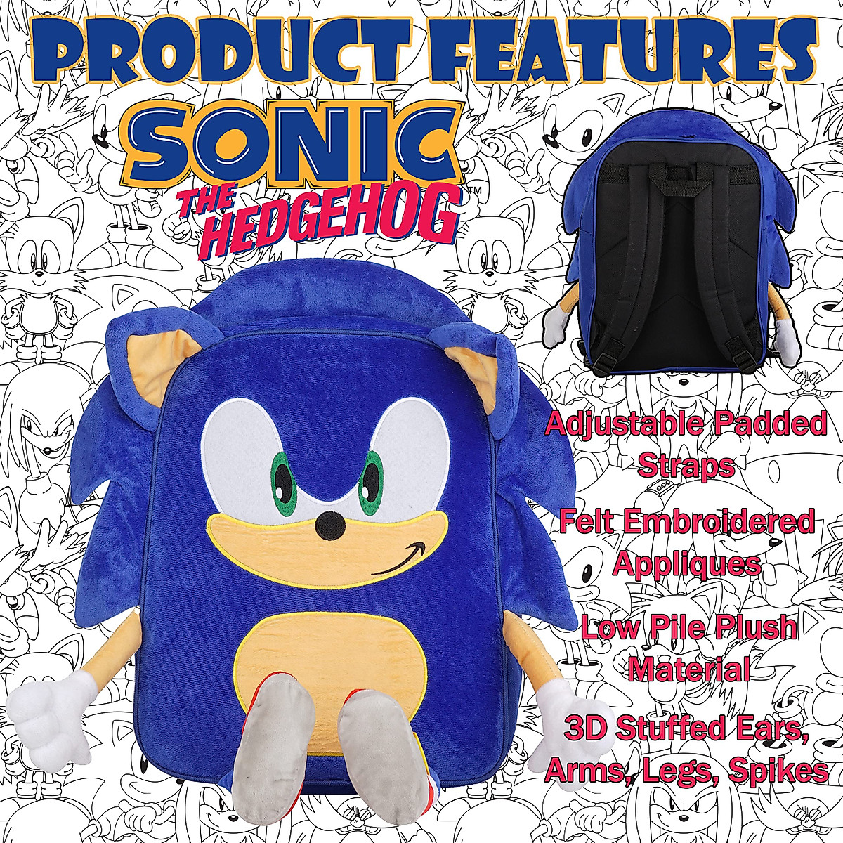 AI ACCESSORY INNOVATIONS Sonic The Hedgehog Backpack for Boys, Plush Padded Bookbag with Adjustable Shoulder Straps, Sonic Schoolbag with 3D Arms, Legs and Ears, Durable School Bag for Kids, Blue