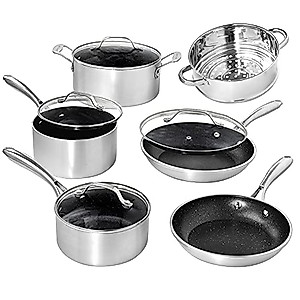 Granitestone Pots and Pans Set Nonstick, 10 Piece Complete Kitchen Cookware Set with Induction Cookware, Includes Nonstick Pots and Pans Set with lids & Stainless-Steel Steamer, Dishwasher Safe-Silver