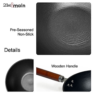 21st & Main Wok, Stir Fry Pan, Wooden Handle, 11 Inch, Lightweight Cast Iron, chef’s pan, pre-seasoned nonstick, for Chinese Japanese and other cooking